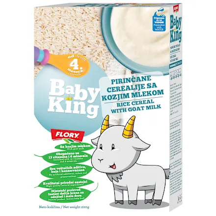 Baby King
PIRINČANE CEREALIJE SA KOZIJIM MLEKOM, od 4. meseca, 200 g
Prelazna hrana