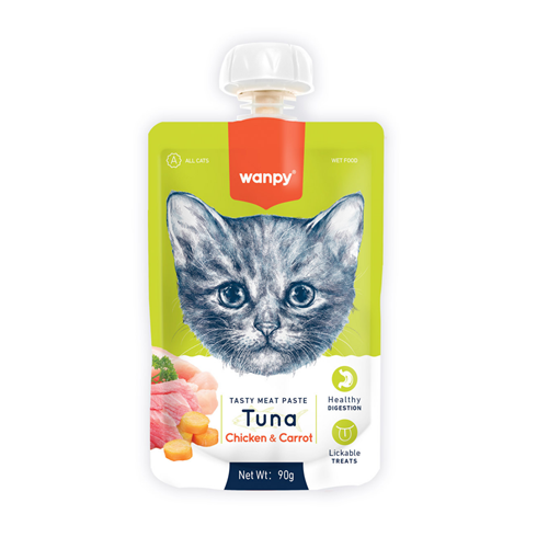 WANPY TASTY MEAT PASTA TUNA, PILETINA & ŠARGAREPA 90G – KREMASTA POSLASTICA ZA MAČKE