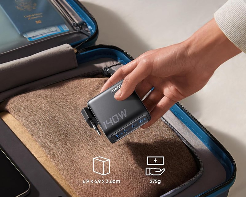 ANKER 140W GaN zidni brzi punjač, 4-porta (3x USB-C, 1x USB-A) sa USB-C M/M pletenim kablom, tamno sivi