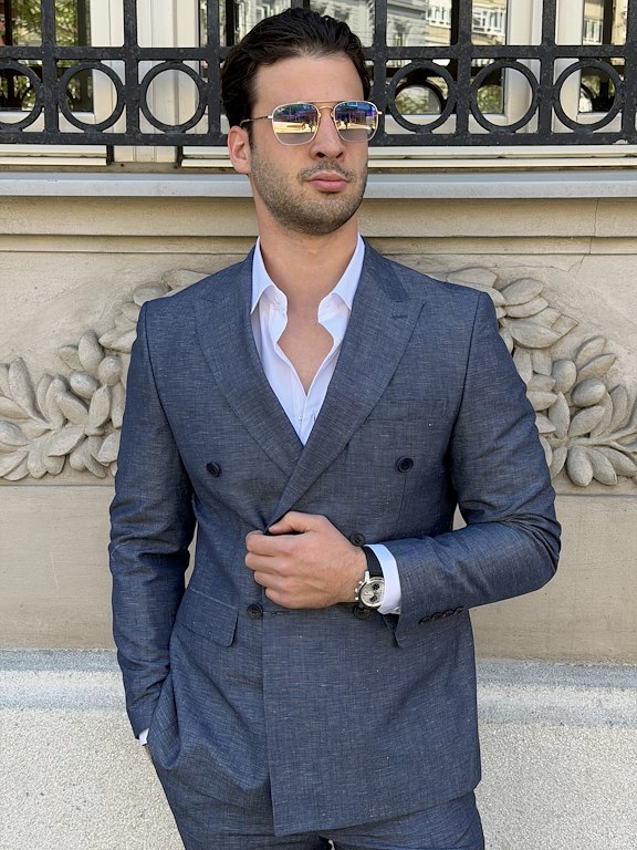 Navy Linen Double Breasted Odelo