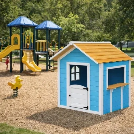 Kinder Home dečija drvena kućica za igru – za igranje uloga, dvorište i baštu, plava, 118×138×132,5 ( WKP-1113 )