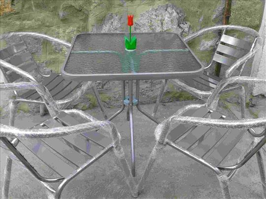 Metalne bastenske stolice + metal staklo sto 70x70