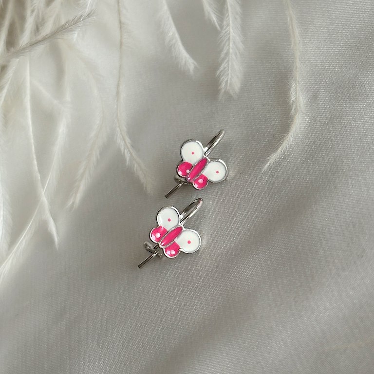 Roze leptirić, srebrne minđuše za decu na kopču