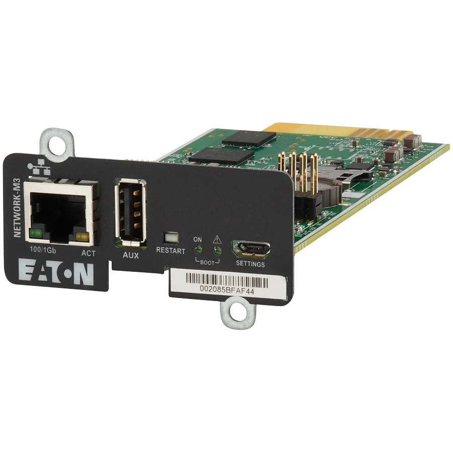 Eaton Network Managment Card - M3; Web/SNMP communications; Ethernet 10/100/1000BaseT; For UPS: 5P, 5PX, 5PX G2, 5SC Rack, 9PX, 9PXM, 9SX, 9130, Ferrups FX, 9E, 93PS, 91PS, 91PS Monoblock, 93E PDU...