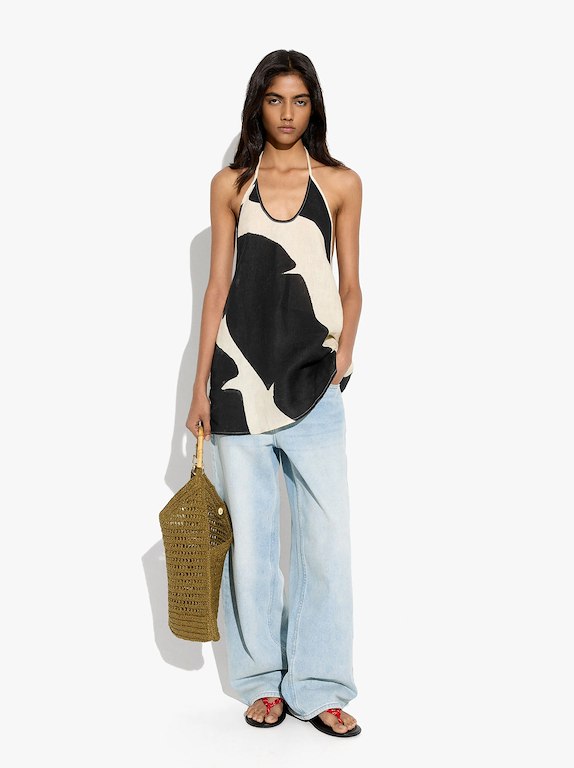 PRINTED 100% LINEN HALTER TOP