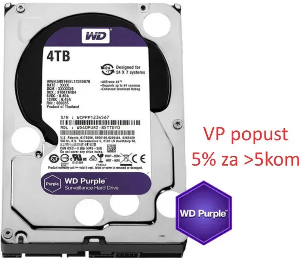 Western Digital HDD 3.5, 4TB, WD43PURZ, Purple, 24/7, 5400RPM, 256MB, SATA3
