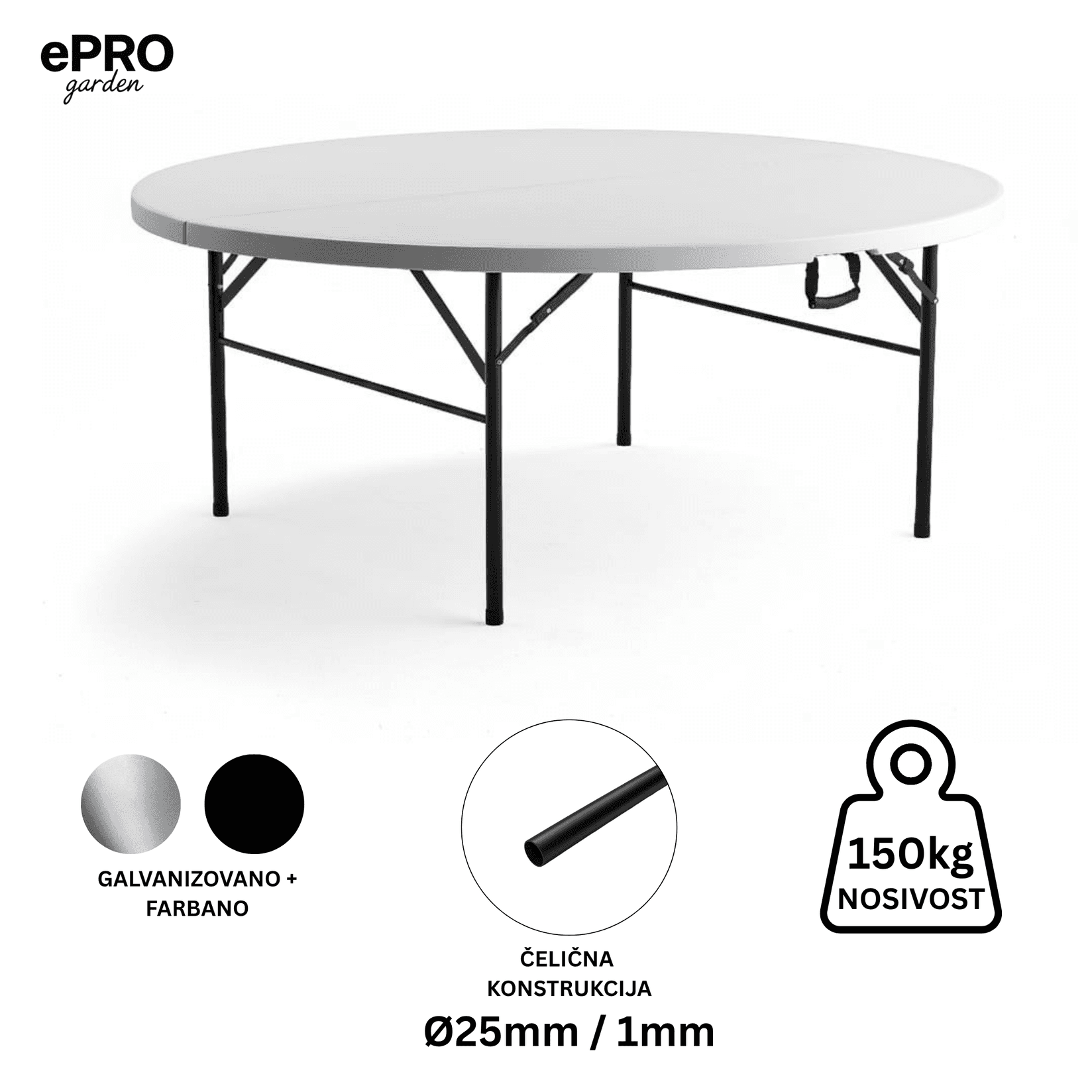 ePRO sklopivi baštenski sto O122 74cm, metal-plastika