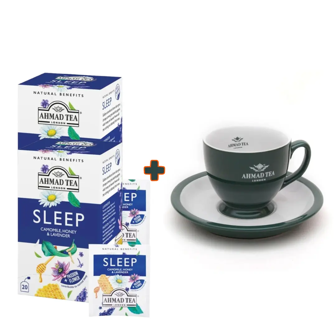 Ahmad Tea Šoljica sa tacnom, 190 ml, Zelena + Čaj Sleep, 20 kesica, 2 pakovanja