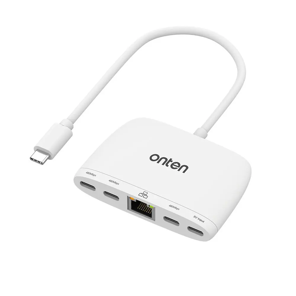 Onten USB Hub OTN-UC553, USB Type‑C sa 4 porta (3× USB‑C 480Mbps + USB‑C 5V) + Ethernet RJ45 100Mbps, kabl 18cm
