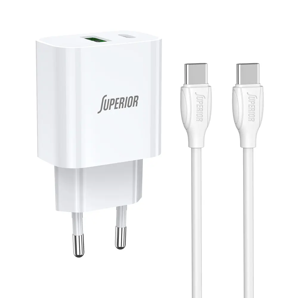 Kućni Punjač SU-P102 20W Super Fast USB A QC3.0+Type C Lightning kablom, Beli