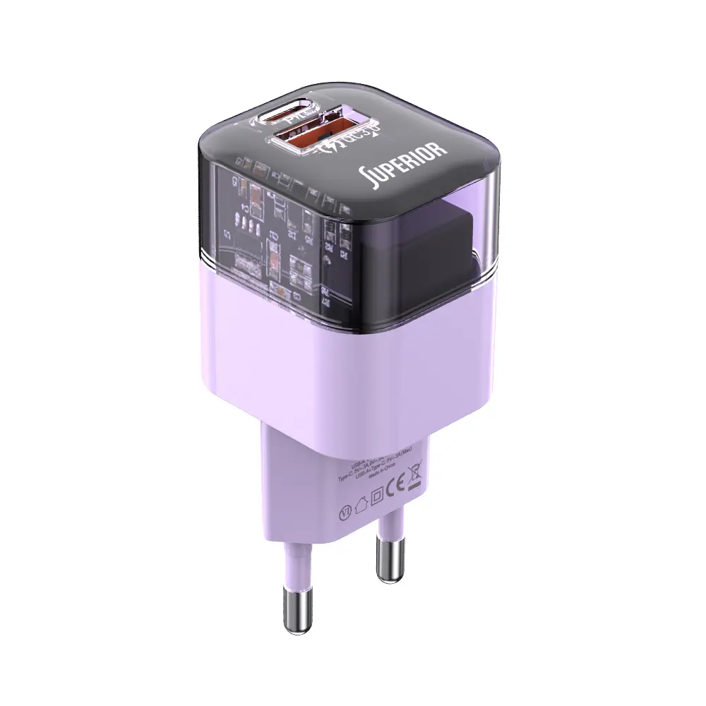 SUPERIOR Kućište punjača SU-P105 30W Super Fast USB A QC3.0+Type C, Ljubičasto
