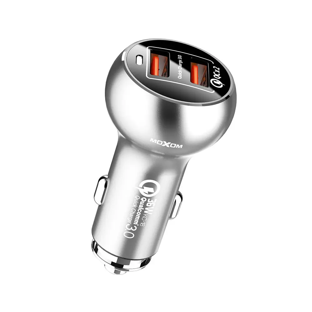 Moxom Auto punjač KC-13, 2xUSB, QC3.0, 36W, Lightning, Sivi