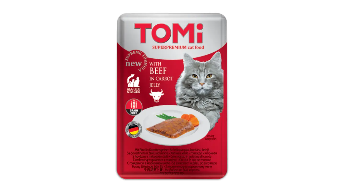 TOMI Sos za mačke Grain Free - Govedina u želeu od šargarepe 100g