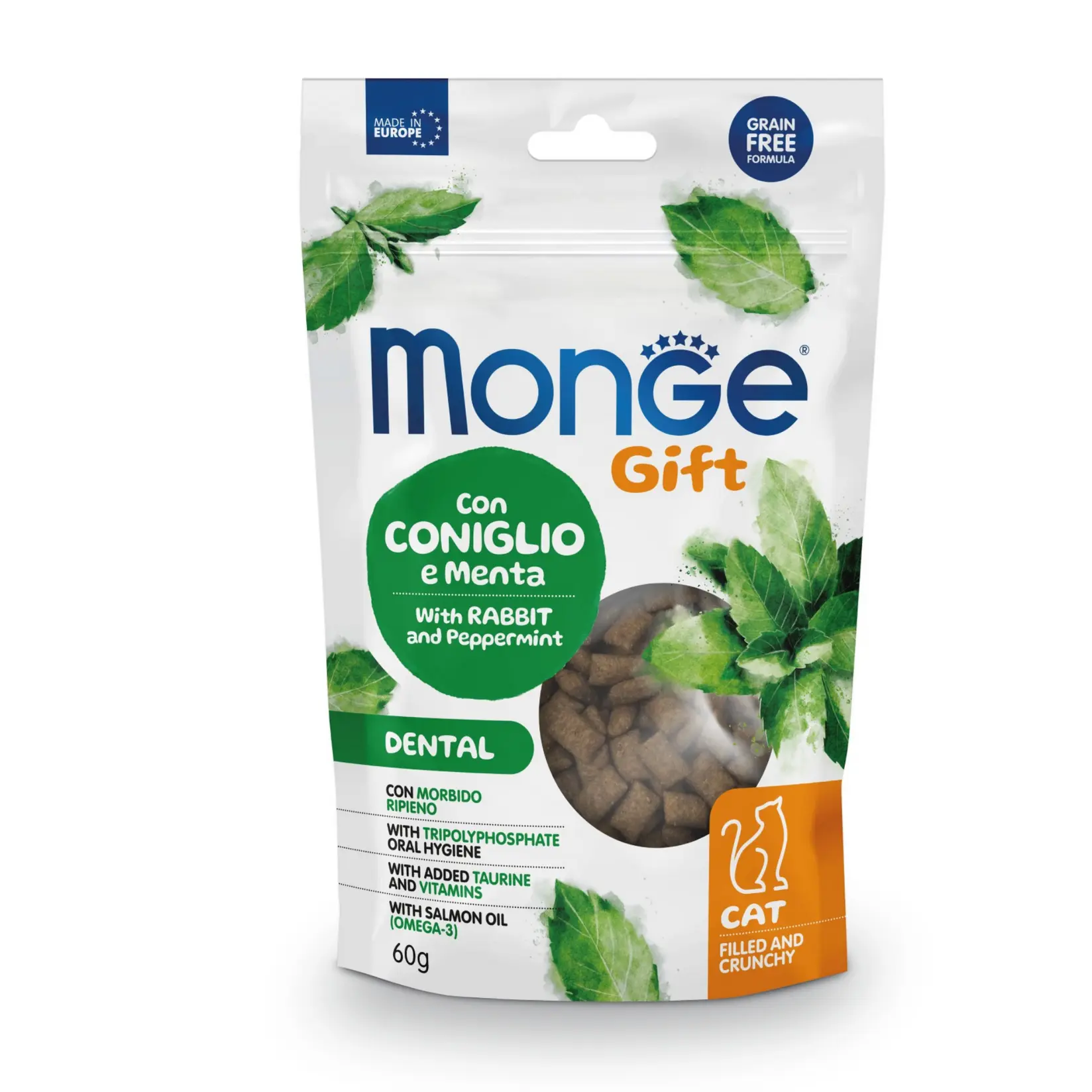 MONGE GIFT Poslastica za mačke Grain Free Dental zečetina i pepermint 60g