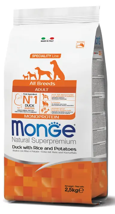 MONGE Suva hrana za pse all breeds adult monoprotein pačetina&pirinač&krompir 2.5kg