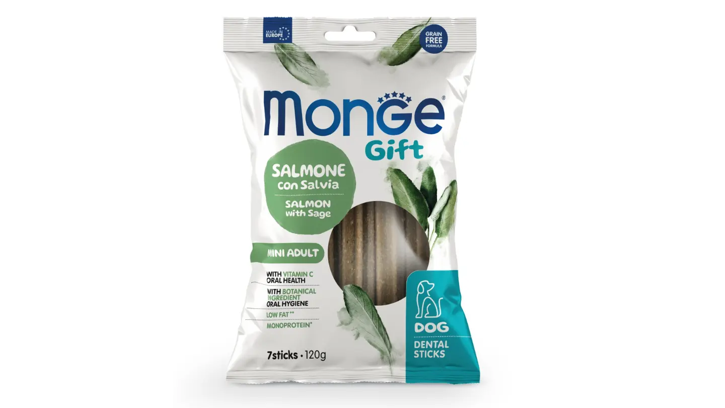 MONGE GIFT Poslastica za pse sa ukusom lososa i žalfije Dental Sticks Mini120g