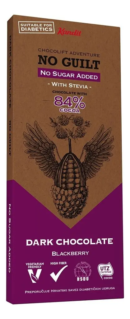 Kandit Crna čokolada bez šećera, Stevia i kupina, 80 g
