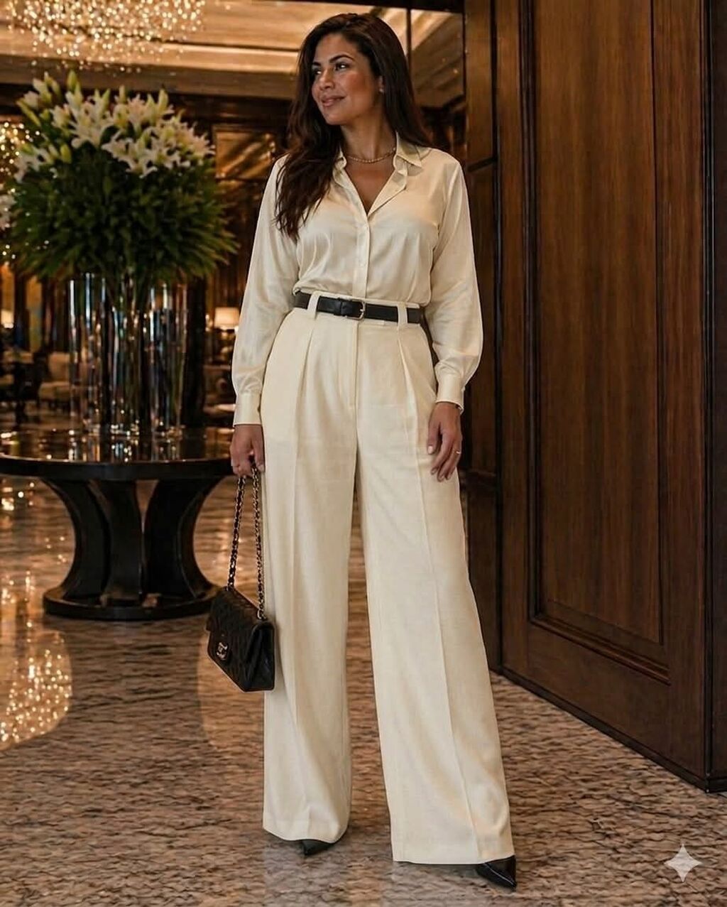 Elegantne ženske pantalone sa visokim strukom i širokim nogavicama i