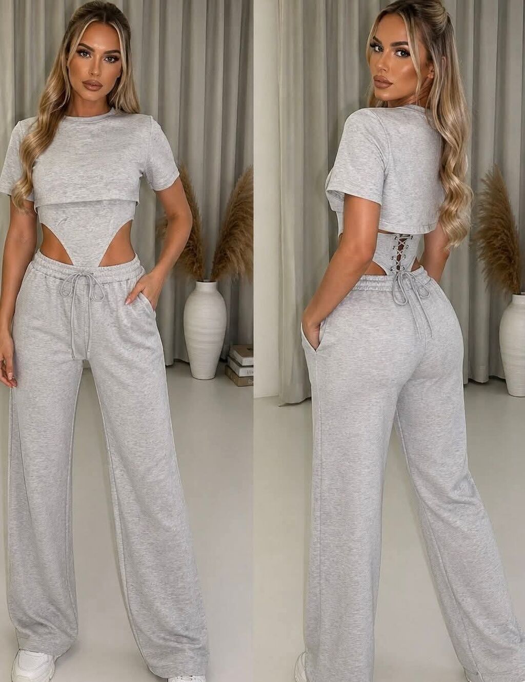 Damski dvodelni komplet – crop majica i široke pantalone - Dizajn