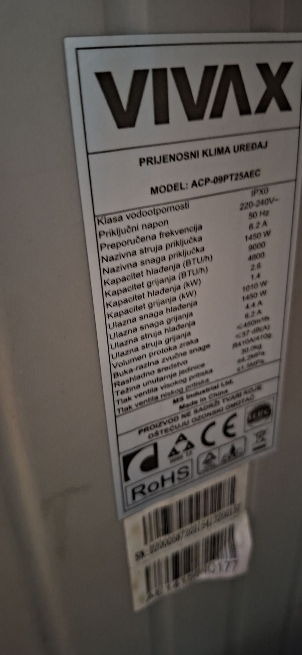 VIVAX prenosni klima uređaj – model ACP-09PT25AEC - Tip: prenosna