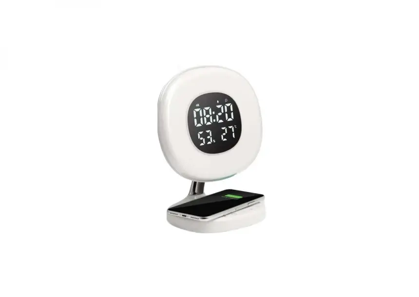 Promate AuraRise digitalni alarm sa LED svetlom i wireless punjacem za mobilne telefone Beli