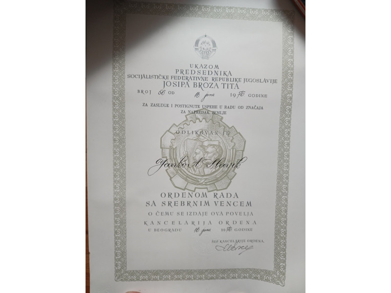 1976 JNA Povelja Ordena rada srebrnim vencem Ukaz Tito