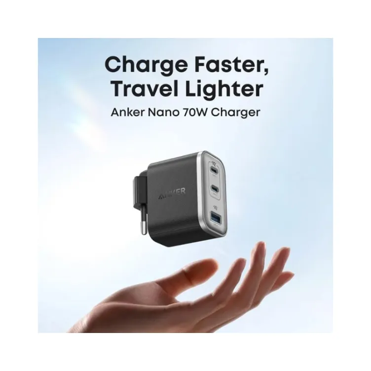 Nano 70W GaN zidni brzi punjač, 3-porta (2x USB-C i 1x USB-A) crni