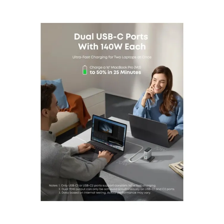 140W GaN zidni brzi punjač, 4-porta (3x USB-C i 1x USB-A) sa USB-C M/M pletenim kablom, srebrni