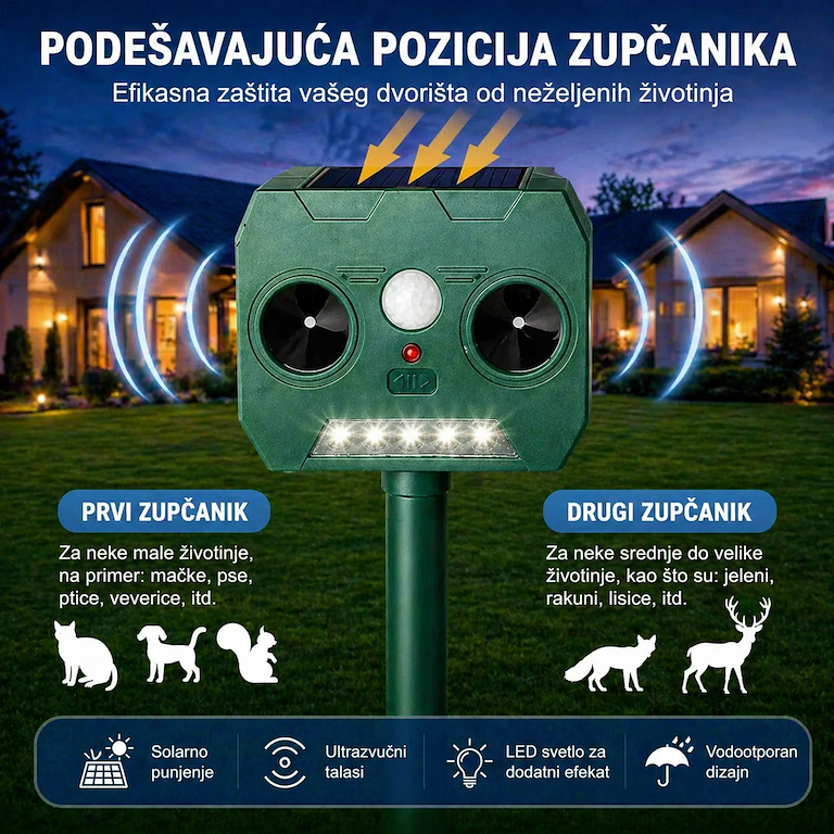 Solarni ultrazvučni rasterivač životinja – zaštita dvorišta od pasa, mačaka, lisica i ptica