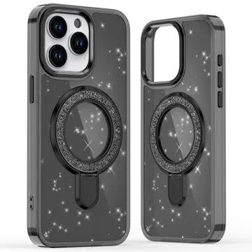 IPHONE 15 PRO MAX GLITTER HYBRID CASE WITH KICKSTAND - MAGSAFE COMPATIBLE - BLACK