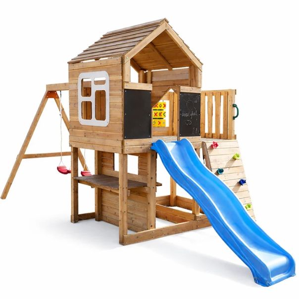 Velika dečija drvena kućica za igru KINDER HOME za dvorište sa toboganom