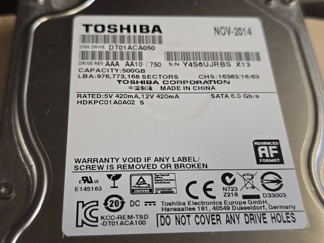 HDD SATA hard disk od 500 GB za PC Toshiba