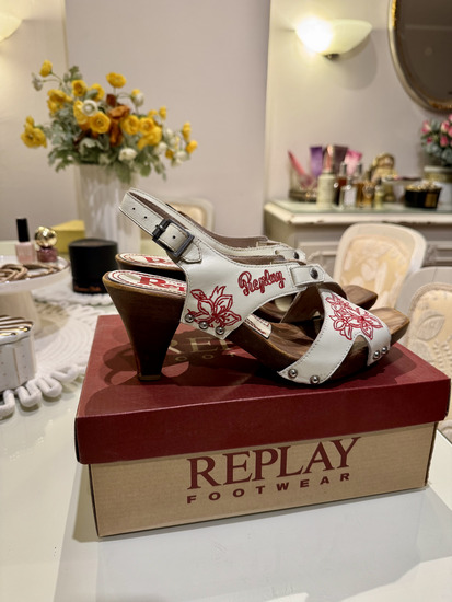 REPLAY White Angie Leather Wood Heel
