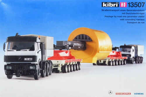 Kibri 13507 Mercedes Benz 4 -axle Tractor with Box with tarpaulin (2 pcs) and 12-Axle Carrier Generator Transport