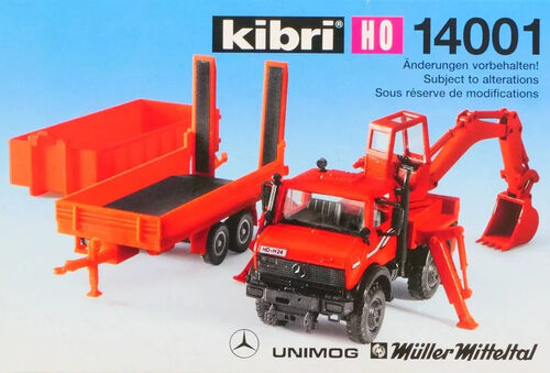NEW! Kibri 14001 Unimog with Excavator and 2-axle Trailer for Transporting Vehicles