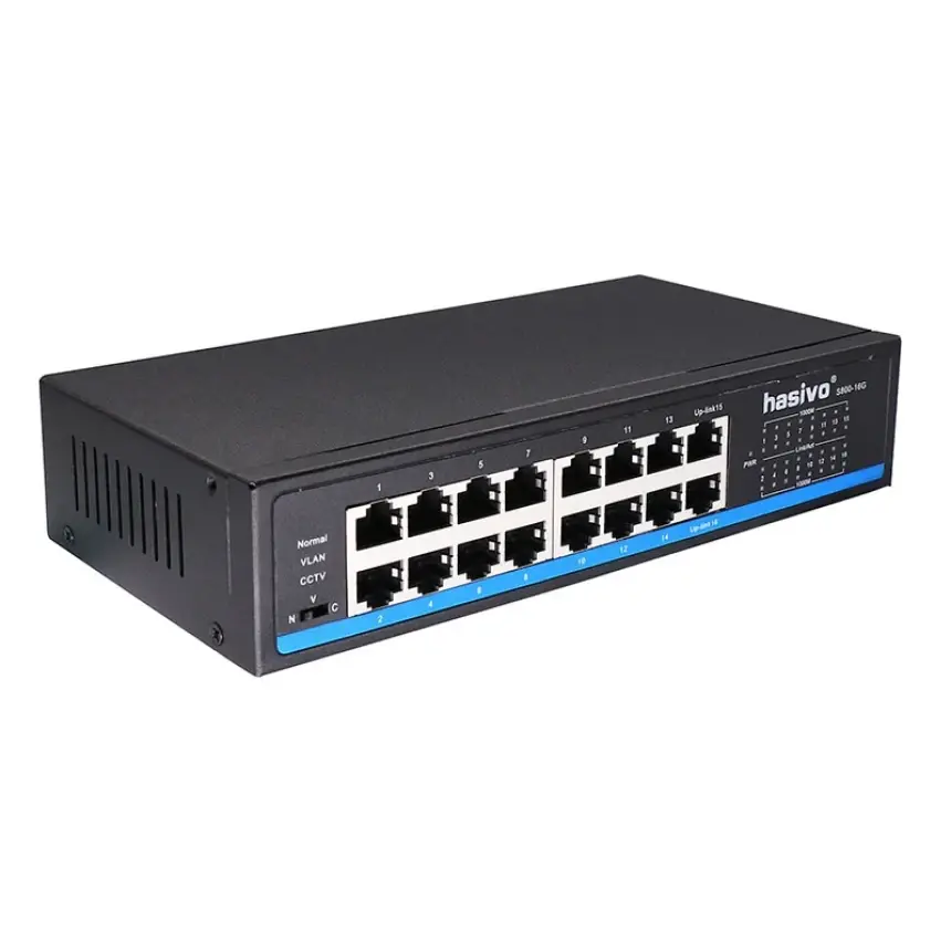 Hasivo S800-16G svič 16 gigabit portova 10/100/1000Mb/s, port VLAN, prenaponske zaštite, jumbo frame full wirespeed, temp. -10º do +55ºC, eco green, interno napajanje 100-240V AC/50-60Hz, desk / r...
