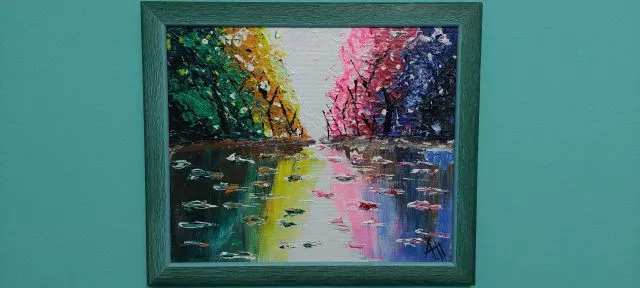 *DVA SVETA* - AKRIL NA PLATNU (25X30CM) U RAMU 29X34