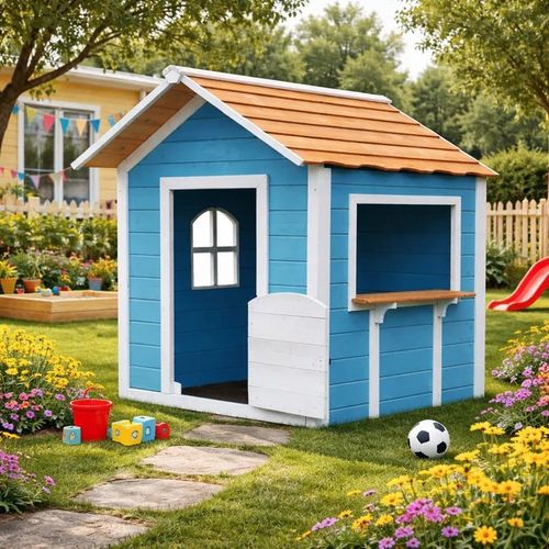 Kinder Home Dečija Drvena KućIca Za Igru – Za Igranje Uloga, Dvorište I Baštu, Plava