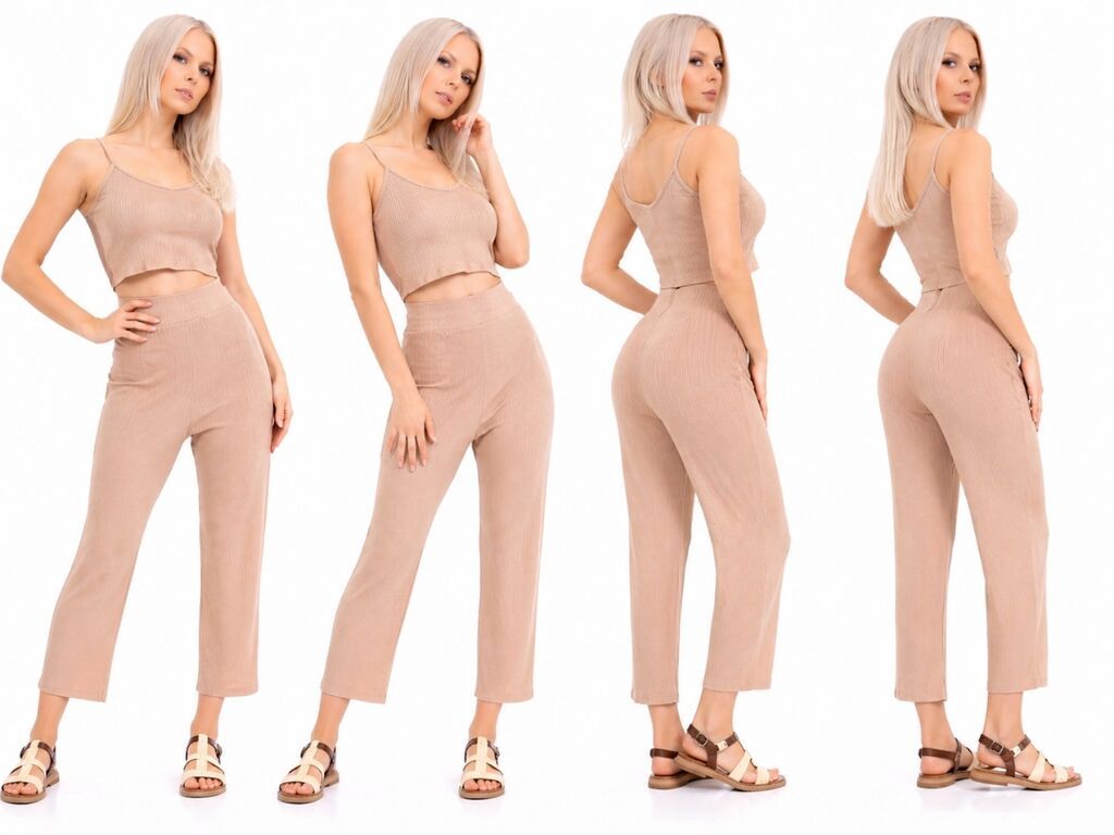 Dvodijelni ženski komplet – top i pantalone - Boja: bež/nude - Kroj