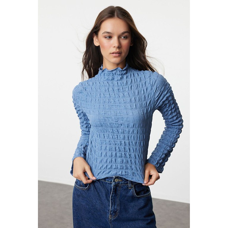 Trendyol Indigo Textured Fitted/Body-Sit Stand-Up Collar Flexible Knitted Blouse