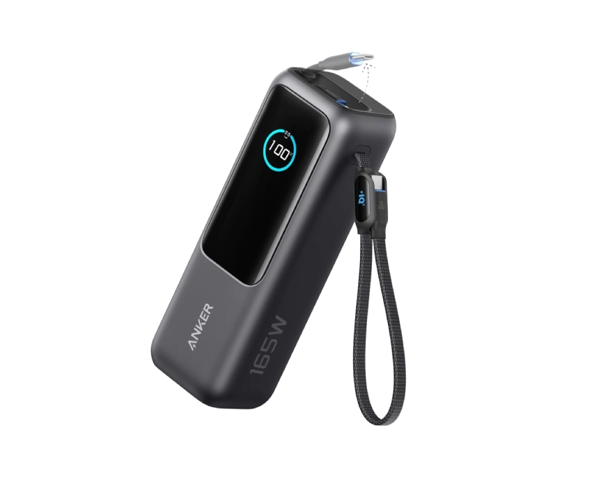 ANKER 25000mAh, 165W, sa ugrađenim USB-C kablom na izvlačenje, Power Bank za laptop crni