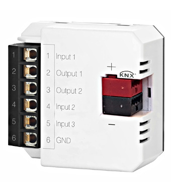 Interface with binary I/O &Integrated room temp.control
Universal interface for KNX;3 configurable inputs, two of them can be combined to connect one external temperature sensor (PT1000);2 binary...