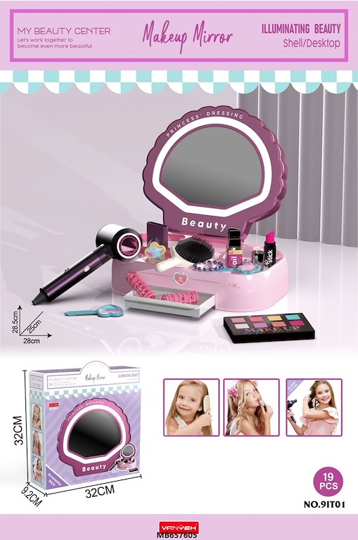 Dečiji set za šminkanje sa ogledalom i fenom – Makeup Mirror Beauty set 19 delova LBN26-473