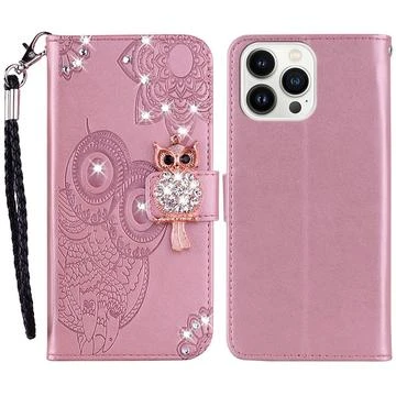 IPHONE 15 PRO MAX OWL RHINESTONE WALLET CASE - ROSE GOLD