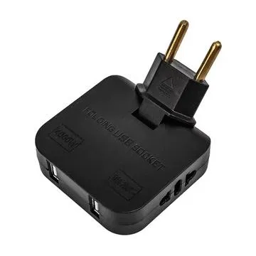 4-IN-1 EU POWER ADAPTER WITH 2 AC OUTLETS, 2 USB-A PORTS - BLACK