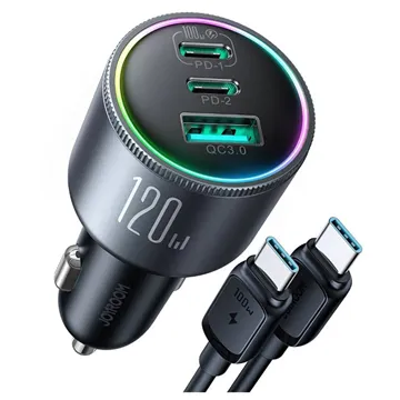 JOYROOM POWERFUL 3-PORT PD QC CAR CHARGER INCL. 1.2M USB-C CABLE - 145W - DARK GREY