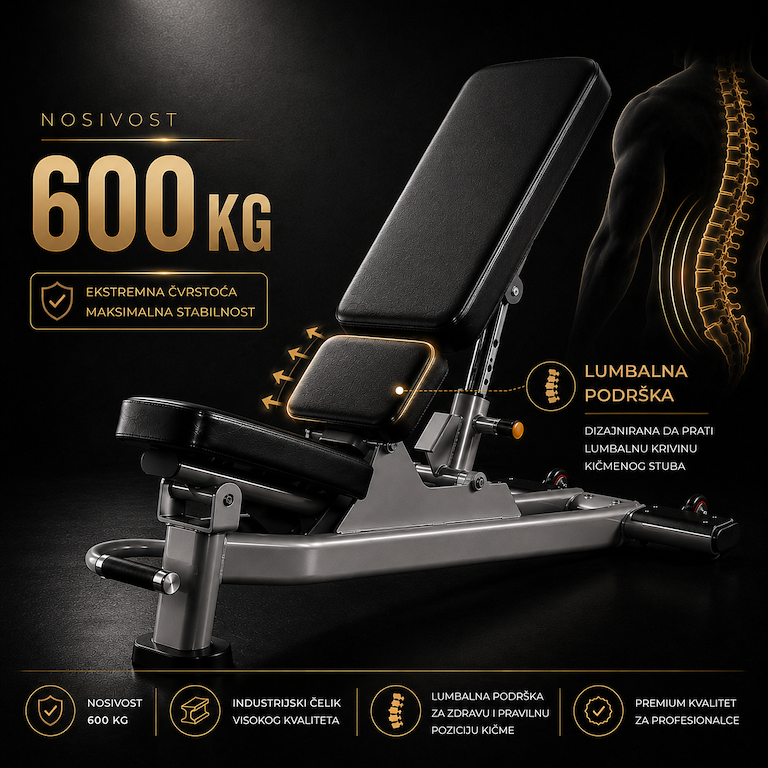 PODESIVA KLUPA HEAVY DUTY 600 KG – SA LUMBALNOM PODRŠKOM