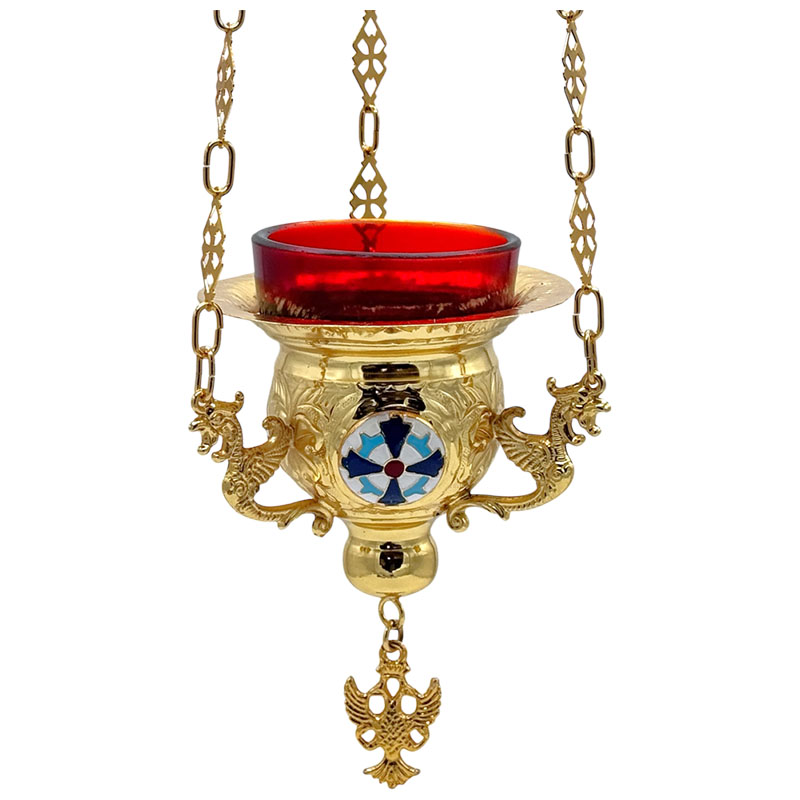 Viseće kandilo u boji zlata sa emajlom – Bogata ornamentika i crvena čaša (12x11) cm