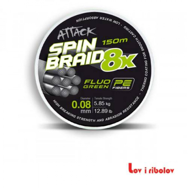 Upredena struna Attack Spinbraid X8 150m 0.08mm Fluo Green