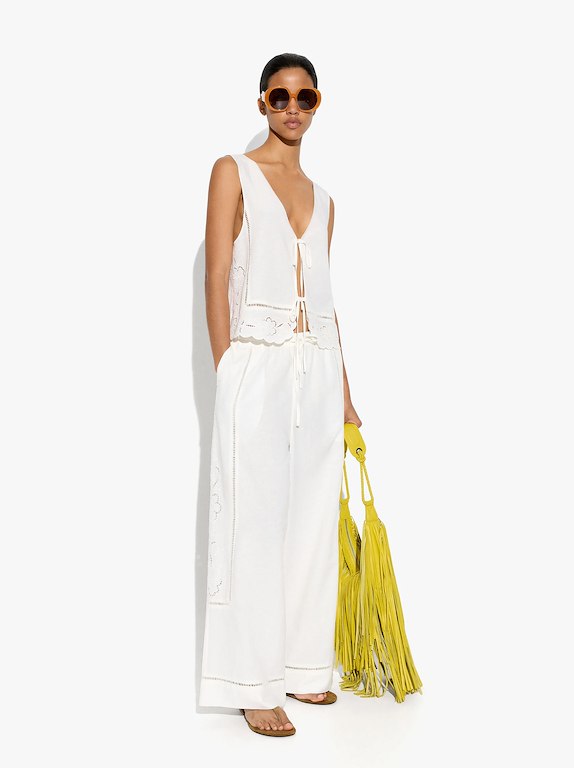 TROUSERS WITH PERFORATED EMBROIDERY LINEN BLEND